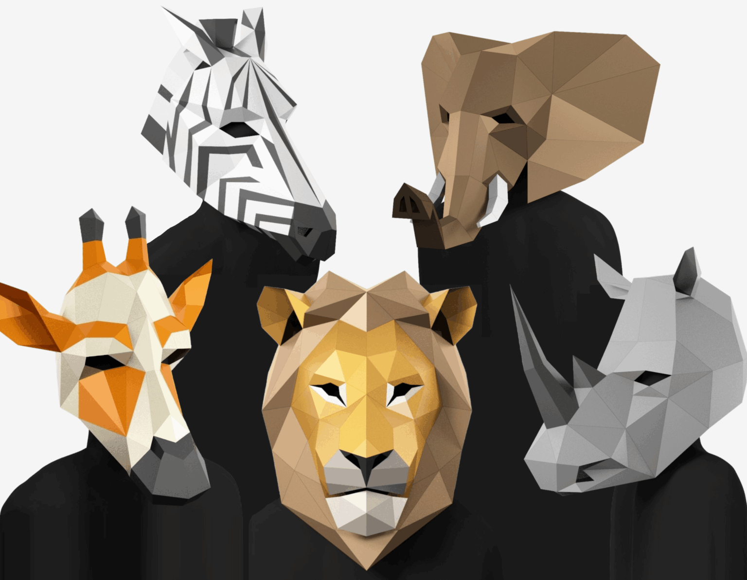 Safari Animal Mask Set – Lion, Elephant, Giraffe, Zebra & Rhino - LACRAFTA